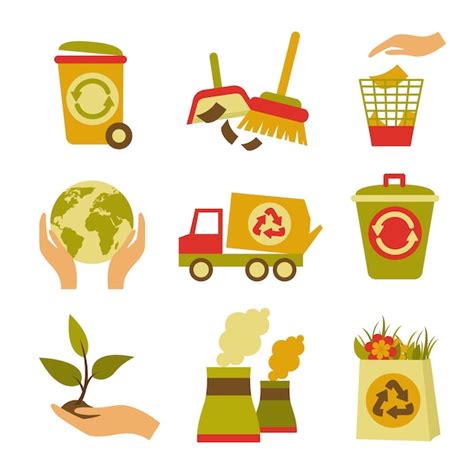 Écologie Et Déchets Icônes Colorées Ensemble De Poubelle Globe Plante
