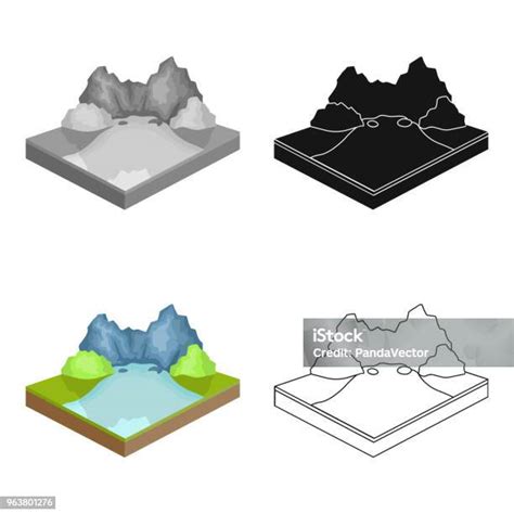 산 바위 및 조 경입니다 구호와 산 만화 스타일 아이소메트릭 벡터 기호 재고 일러스트 웹에서 아이콘을 단일 풍경에 대한 스톡
