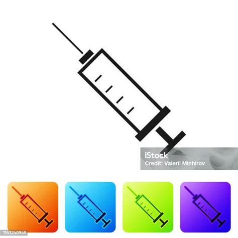 검은 색 주사기 아이콘 흰색 배경에 고립입니다 백신 백신 접종 주사 독감 주사를 위한 주사기 의료 장비 색상 사각형 버튼에 아이콘을 설정 합니다 벡터 일러스트 0명에 대한