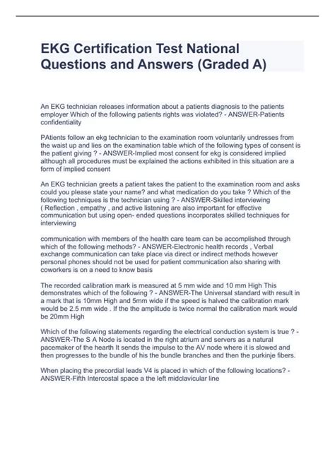 EKG Certification Test National Questions And Answers Graded A EKG
