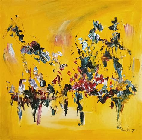 Peinture Abstraite Jaune Bleu Blanc Rouge 30 X 30 Cm Unique