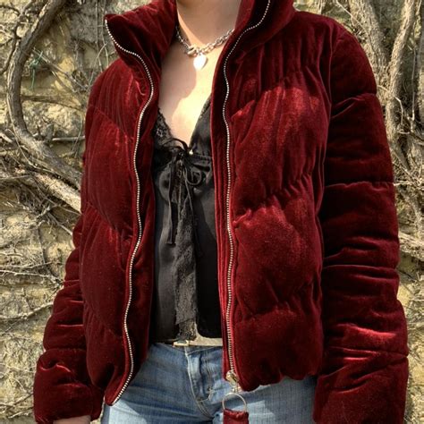 Velvet Burgundy Puffer Coat Such Nice Material Depop