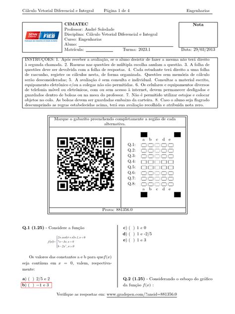 Prova Calculo A 1° Semestre 2023 Senai Cimatec Pdf Velocidade Cálculo
