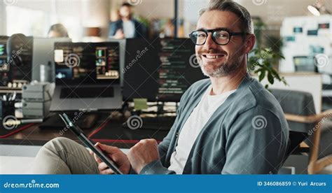 Programmer Happy Businessman And Portrait With Tablet For Software Development Ai Database And