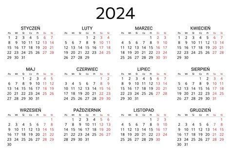 2024 폴란드 달력 폴란드에 대한 인쇄 가능한 편집 가능한 터 일러스트레이션 12 개월 년 달력 프리미엄 벡터