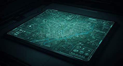 a large illuminated digital map displayed on a flat horizontal screen