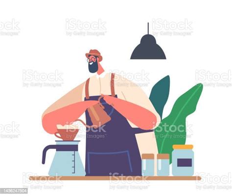 힙스터 바리스타 만들기 양조에 커피를 붓고 웃는 남성 캐릭터 바텐더는 카페 나 커피 숍에서 앞치마 작업을 착용합니다 커피 마실