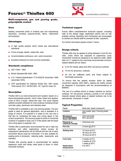 Tds Thioflex 600 Asia Pdf Concrete Water