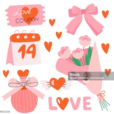 성 발렌타인 데이에 대 한 벡터 스티커 세트 다른 낭만적 인 물건 활 사랑 묘약 양초 심장 케이크 2 월 14 일 디자인 컨셉의 만화 그림 공휴일에 대한 스톡 벡터 아트 및