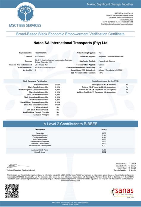 Natco Logistics B Bbee Certificate Natco