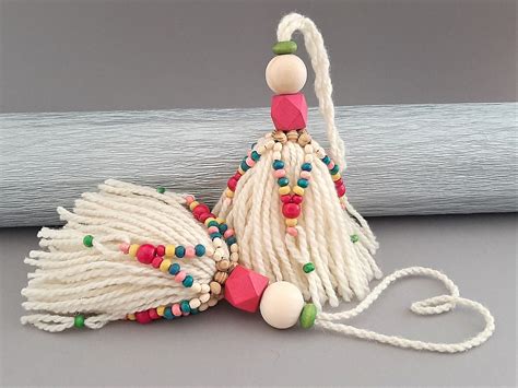 63 White Beaded Tassel 100 Wool Tassel Large Wooden Beads Tassel