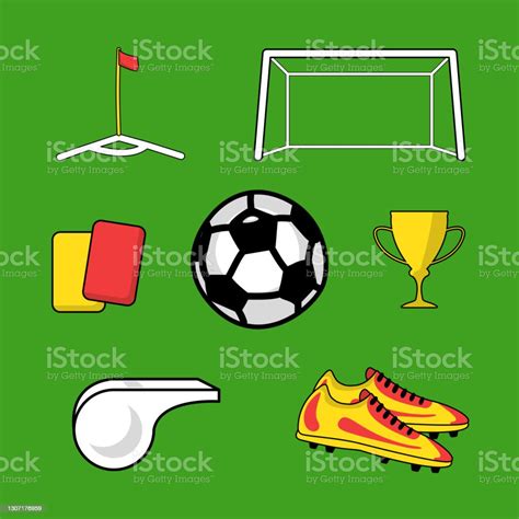 토너먼트와 챔피언십을 위한 녹색 배경에 만화 스타일의 축구 아이콘 세트 공 축구 신발 코너 게이트 컵 휘파람 빨간색과 노란색