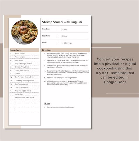 Recipe Template For Google Docs Printable Recipe Binder Sheet Personalized Recipe Book