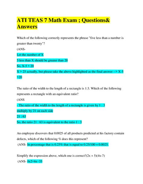 ATI TEAS 7 Math Exam Questions Answers Browsegrades