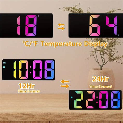 1pc 컬러풀 Led 디지털 알람 시계 거울 Hd 디스플레이와 스누즈 3단계 조절 가능한 밝기 온도와 함께 1224h