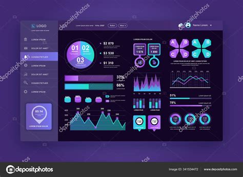仪表板ui 。管理面板矢量设计模板与信息要素赫德图信息图形ui和ux设计网页的网站仪表板。黑暗的风格矢量说明 图库矢量图©