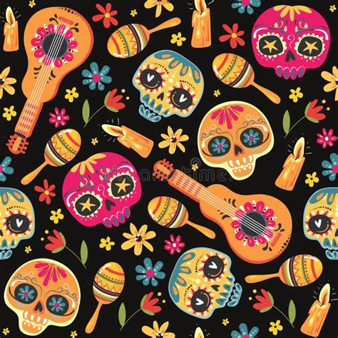 Day Of The Dead Seamless Vector Pattern With Sugar Skulls And Flowers