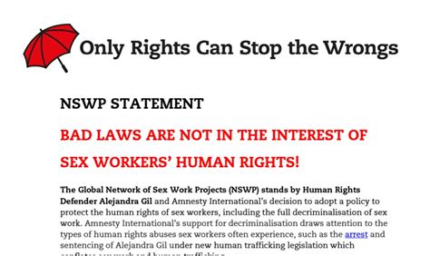 Nswp Statement Of Support For Alejandra Gil Bad Laws Are Not In The Interest Of Sex Workers