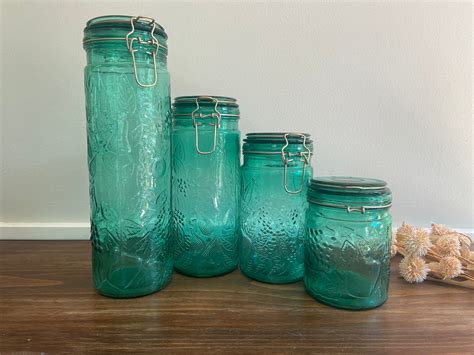 Vintage Teal Green Canister Set Of 4 Coffee Flour Tea Sugar Kitchen
