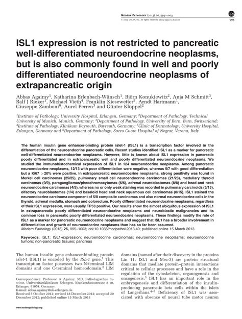 PDF ISL Expression Is Not Restricted To Pancreatic Well Differentiated Neuroendocrine