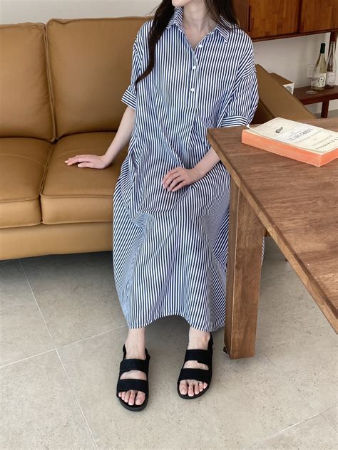 스트라이프 셔츠 카라 롱 원피스