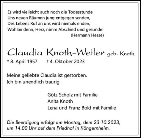 Traueranzeigen Von Claudia Knoth Weiler Vrm Trauerde