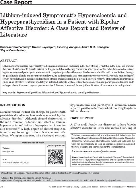 Lithium Induced Symptomatic Hypercalcemia And Hyperparathyroidism In A