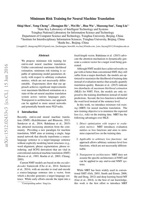 Pdf Minimum Risk Training For Neural Machine Translation