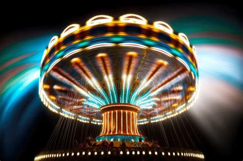 Fast Rotating Carousel With Lighting Illuminations In Amusement Park Stock Image Image Of