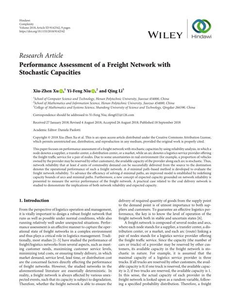 Pdf Performance Assessment Of A Freight Network With Stochastic