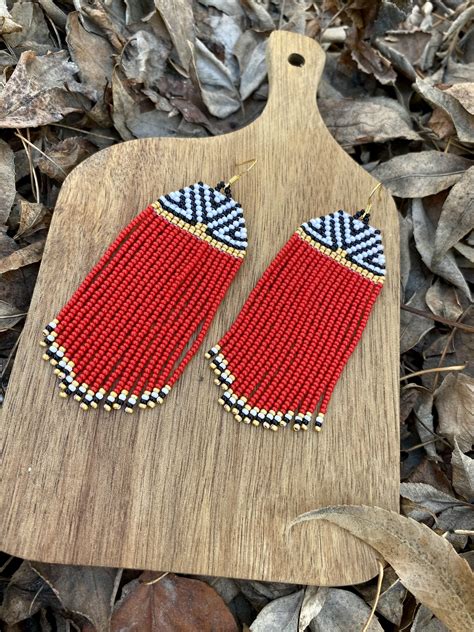 Long Red Beaded Fringe Earrings Seed Bead Earrings Dangle Etsy