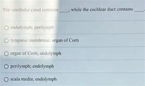 The Vestibular Canal Contains Qquad While The Cochlear Duct Contains Qquad Endolymph