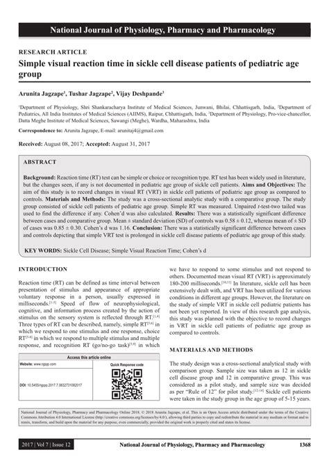 Pdf Simple Visual Reaction Time In Sickle Cell Disease Patients Of