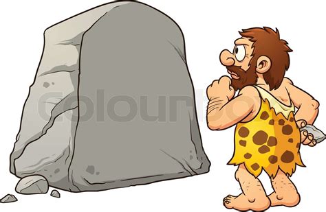 Caveman Looking At A Large Rock And Thinking Stock Vector Colourbox