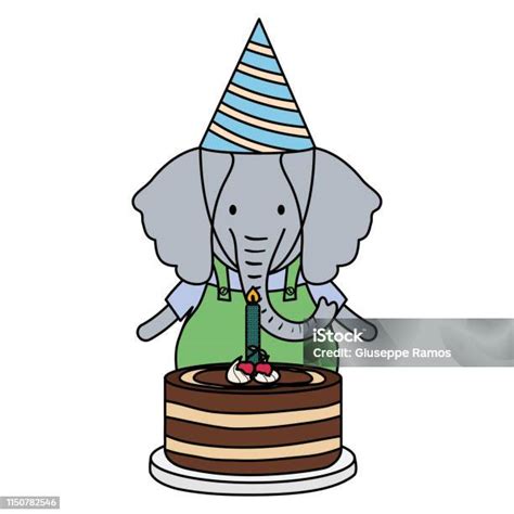 Gajah Lucu Dengan Kue Manis Di Pesta Ulang Tahun Ilustrasi Stok Unduh