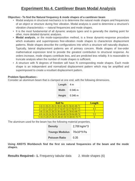 Exp 4 Modal Analysis Of Cantilever Beam Pdf Normal Mode Bending