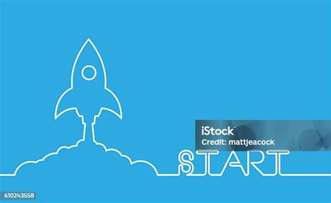 파란 배경에서 발사되는 우주 로켓의 라인 아트워크 Ship Launch에 대한 스톡 벡터 아트 및 기타 이미지 Ship
