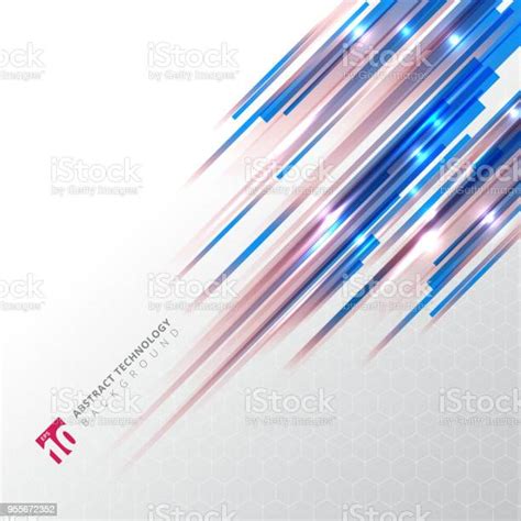 추상적인 기술 파란색과 붉은 색 조명 Lazer 오블리크 라인 육각 패턴 배경 효과 속도에 대한 스톡 벡터 아트 및 기타 이미지