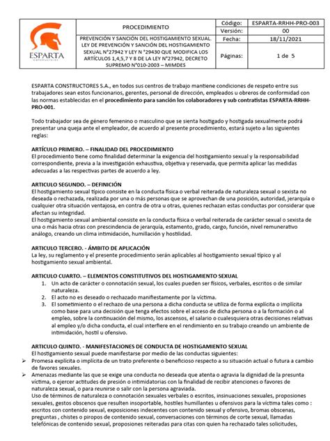 Procedimiento Rrhh 003 Para La Prevención Y Sanción Del Hostigamiento