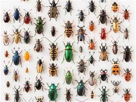 Beetle Collection On White Background Arranged For Entomological