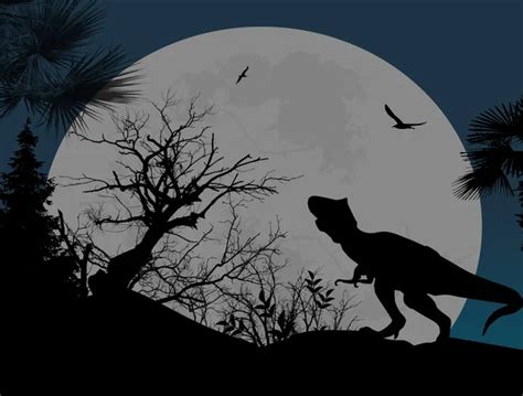 Dinosaurs Vector Silhouettes In Front A Full Moon Stock Vector