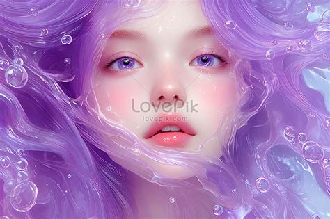 보라색 머리 소녀의 초상화 일러스트 무료 다운로드 Lovepik
