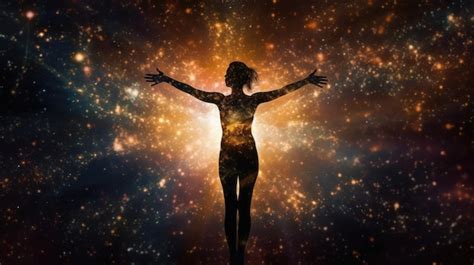 Frau in yoga ganzkörper pose mit hintergrundbeleuchtung in der nebula
