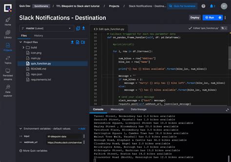 Sending Tfl Bikepoint Availability Alerts To Slack Quix Docs