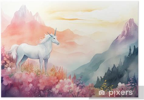 Poster Create A Dreamy Watercolor Scene Of A Unicorn Standing On A