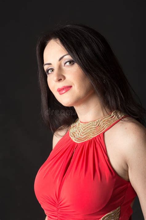 Woman In A Red Dress On A Black Background Stock Image Image Of