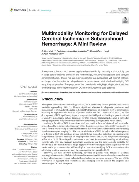 Pdf Multimodality Monitoring For Delayed Cerebral Ischemia In Subarachnoid Hemorrhage A Mini