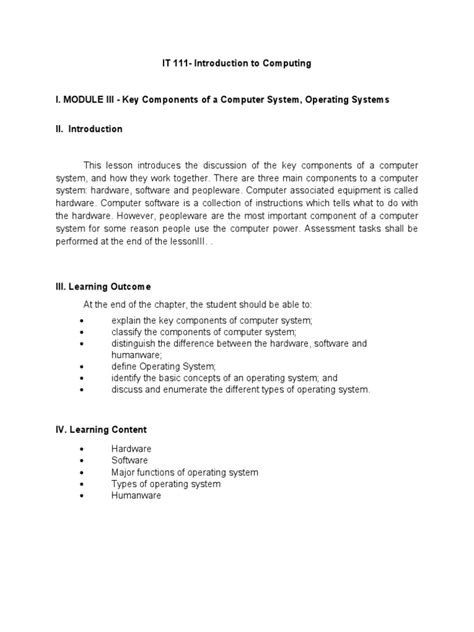 It 111 Introduction To Computing I Module Iii Key Components Of A