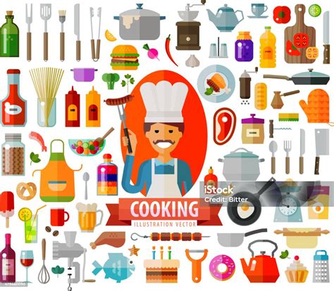 Cooking 주방 음식 아이콘 세트를 Vector 평편 일러스트 도넛에 대한 스톡 벡터 아트 및 기타 이미지 도넛 접시