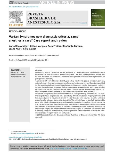 Pdf Marfan Syndrome New Diagnostic Criteria Same Anesthesia Care